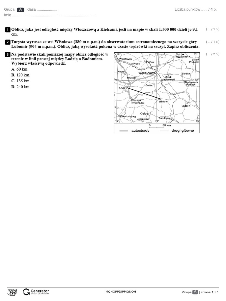 Kartkówka - Rozdział I. Mapa I Skala Test (Z Widoczną Punktacją) | PDF