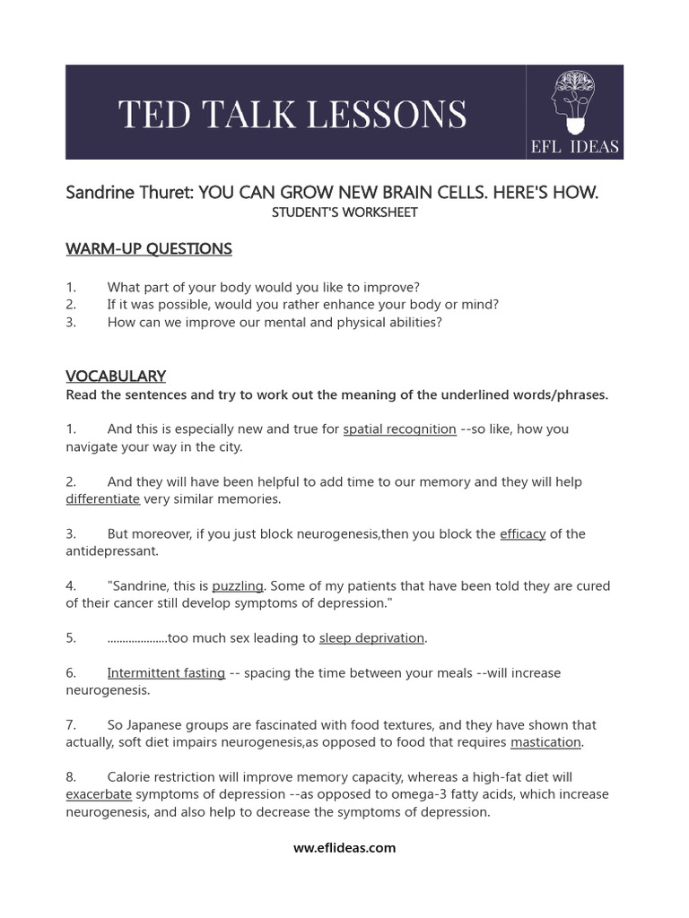 Ted Talk Lesson Brain Cells SW | PDF | Memory | Major Depressive Disorder