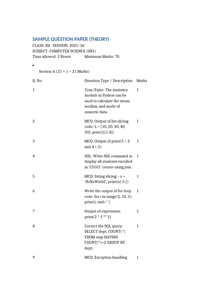 Class12 CS QuestionPaper Tabular 2025-26 | PDF | Sql | Computing