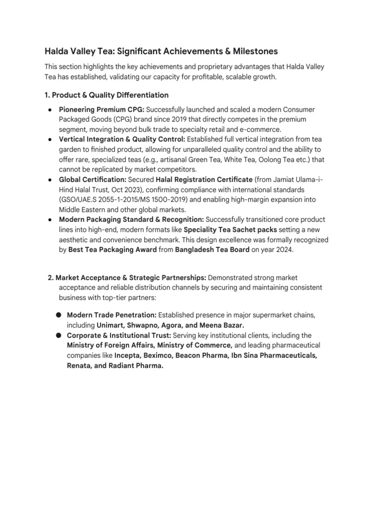 Halda Valley Tea - Significant Achievements & Mile... | PDF