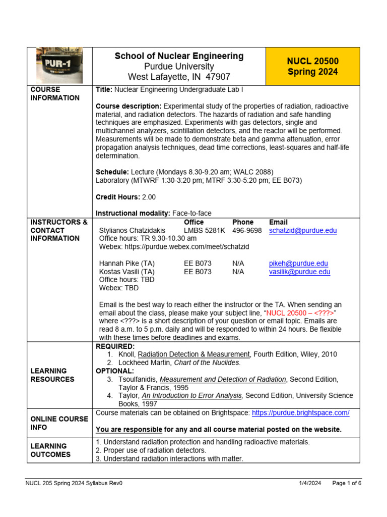 NUCL 205 Nuclear Engineering Lab Syllabus | PDF | Radioactive Decay ...