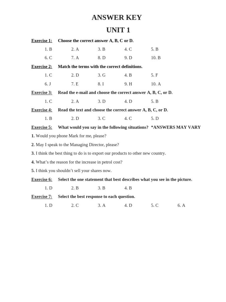 Business English Exercises Answer Key | PDF