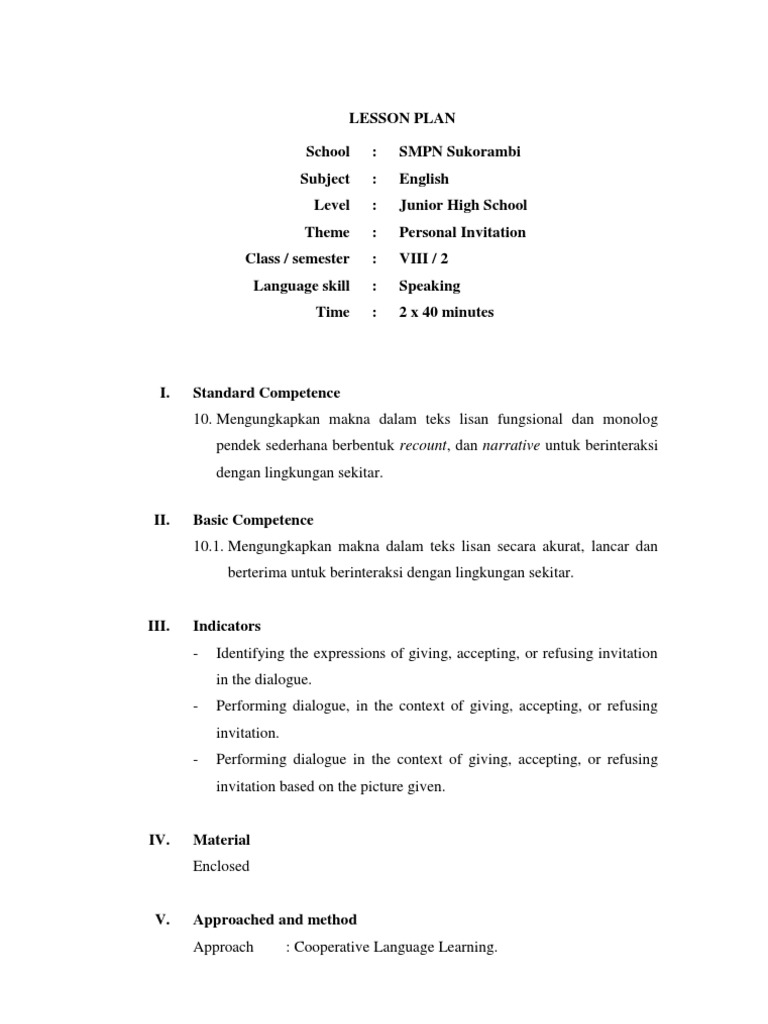 Lesson Plan Speaking Invitation | PDF | Lesson Plan | Semiotics