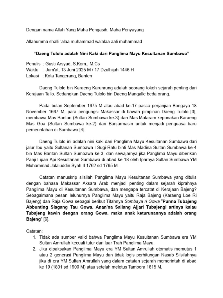 Daeng Tulolo Adalah Nini Kaki Dari Panglima Mayu Kesultanan Sumbawa | PDF