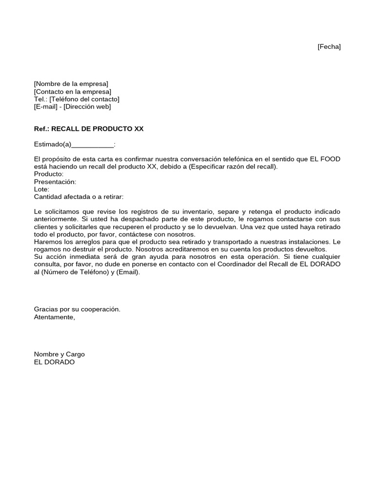 Recall urgente del producto XX de EL DORADO | PDF
