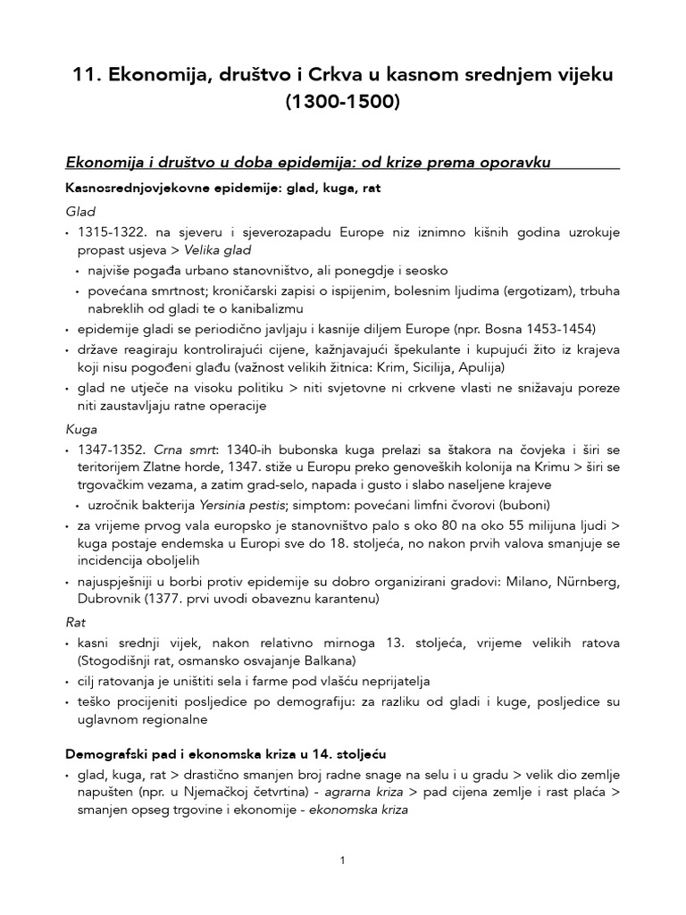 11-Ekonomija Drustvo I Crkva U Kasnom Srednjem Vijeku-Handout | PDF