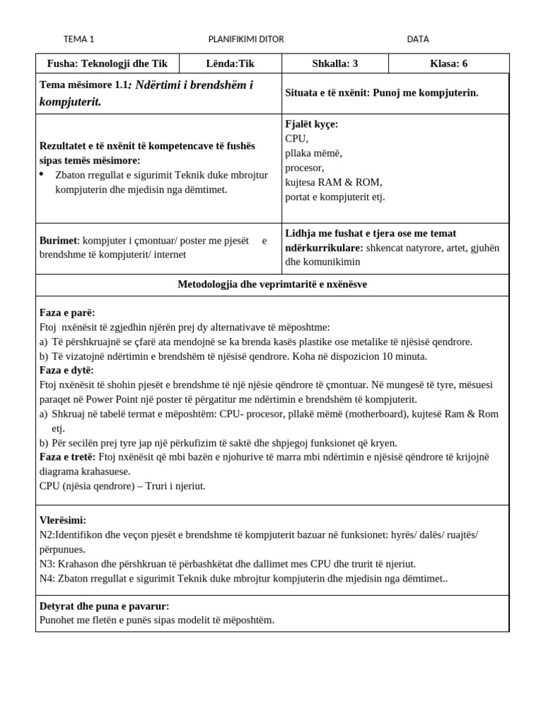 Tema Mësimore 1.1 Ndërtimi I Brendshëm I Kompjuterit. TIK 6 | PDF
