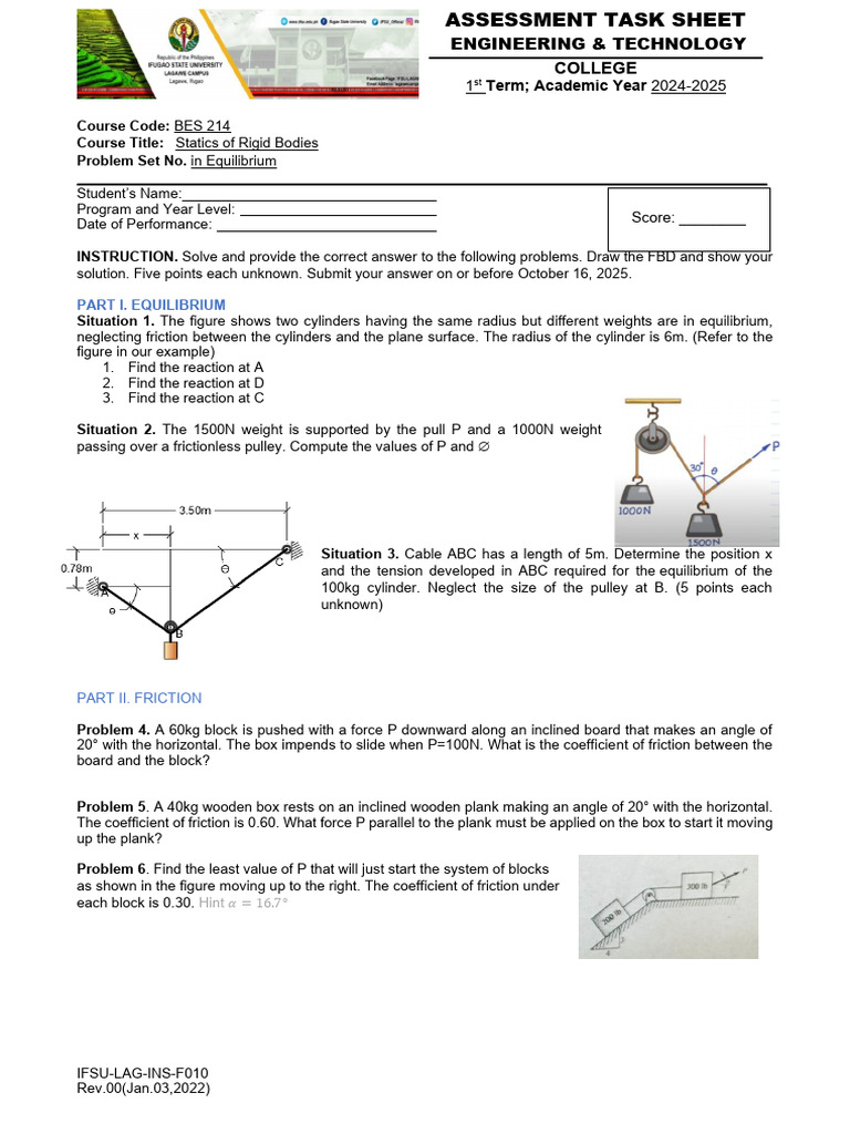 Statics Problem Set for Engineering Students | PDF