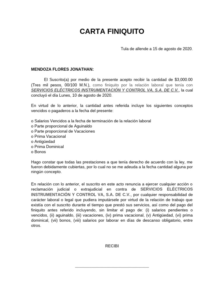 Carta de Finiquito Laboral 2020 | PDF