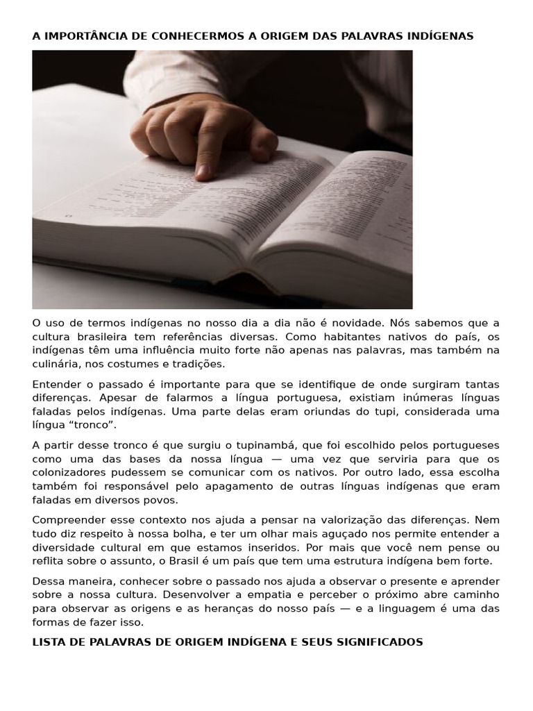 Origem das Palavras Indígenas no Brasil | PDF | Português (idioma ...