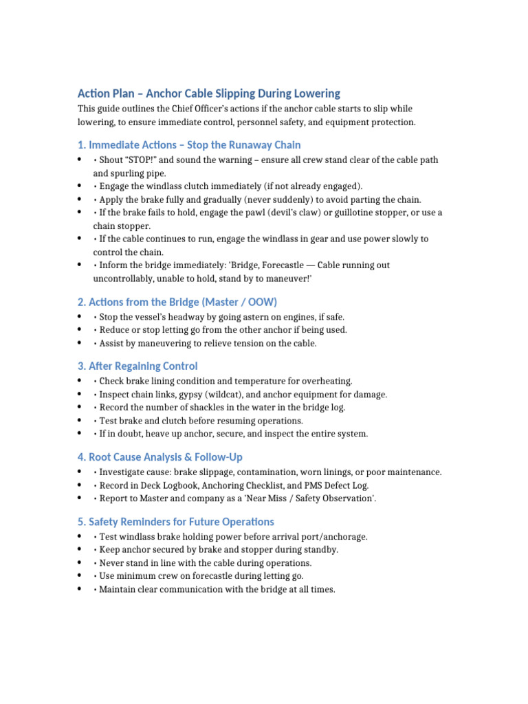 Anchor Cable Slipping Action Plan | PDF