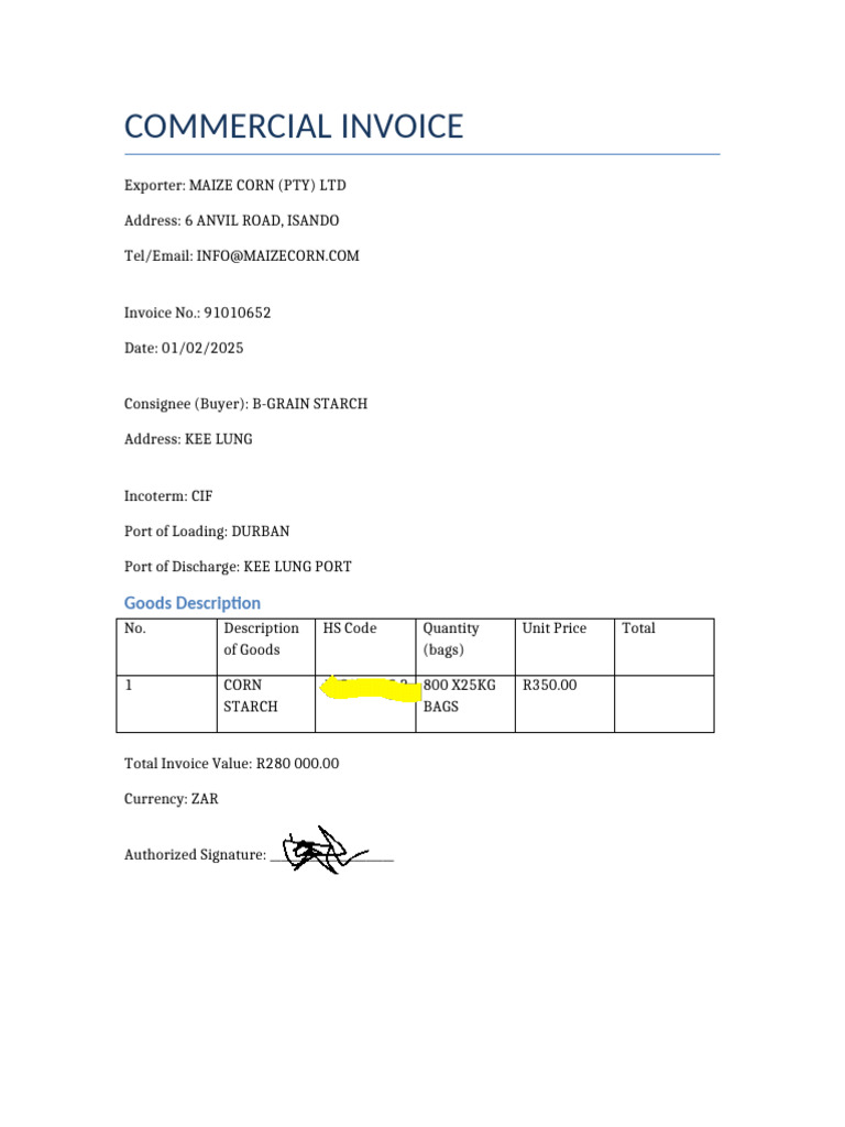 Commercial Invoice for Corn Starch Shipment | PDF