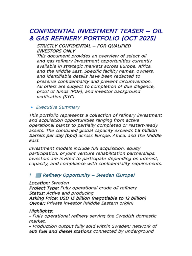 Oil & Gas Refinery Investment Opportunities | PDF | Oil Refinery ...