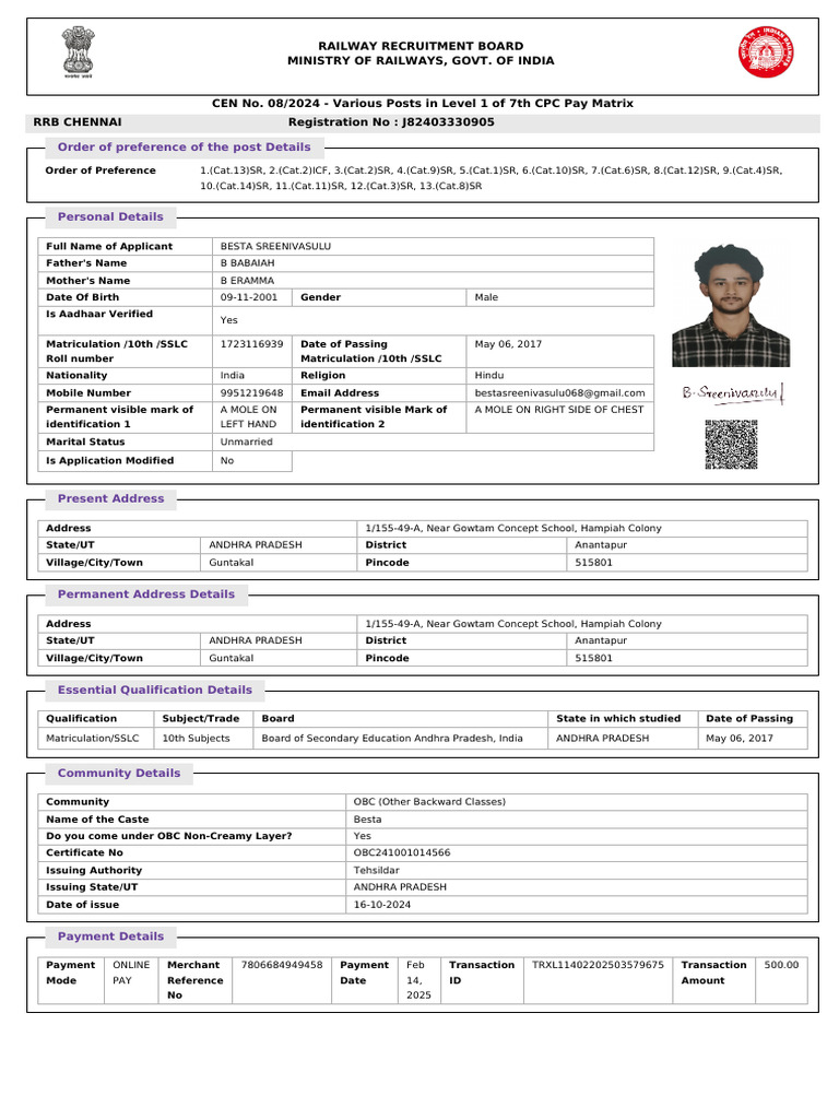Order of Preference of The Post Details: Railway Recruitment Board ...