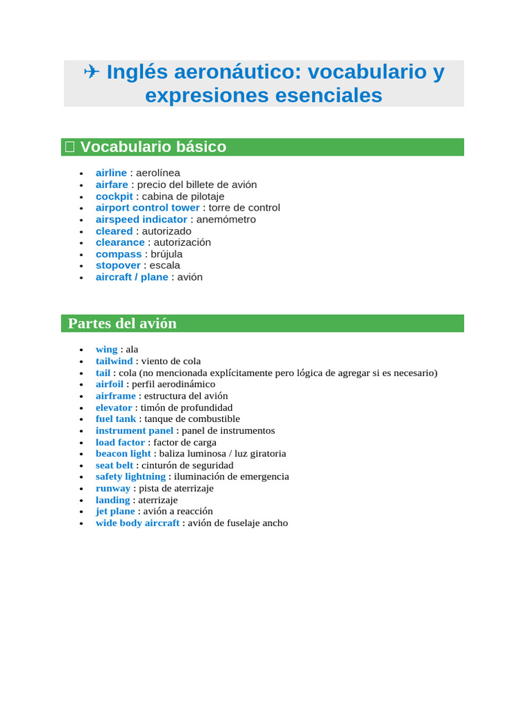 Vocabulario Esencial de Inglés Aeronáutico | PDF | Avión | Aviación