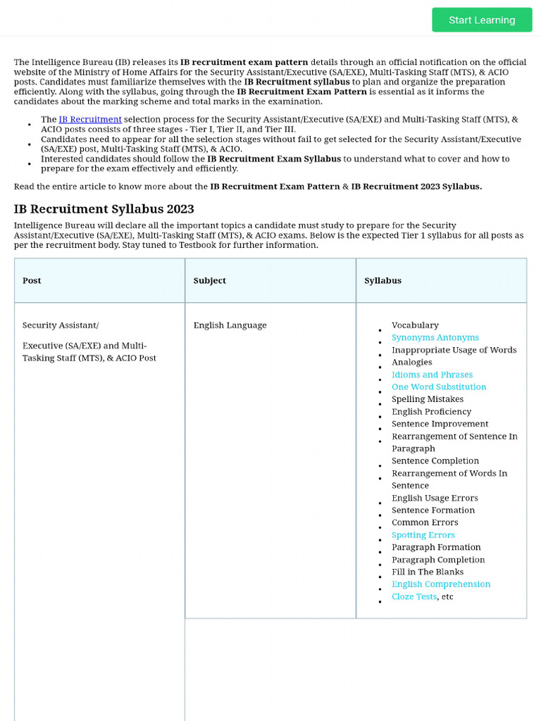 IB Recruitment 2023 Syllabus - Get IB MTS, ACIO, SA Exam Pattern | PDF