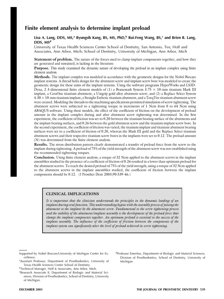 2003 Finite Element Analysis To Determine Implant Preload | PDF ...