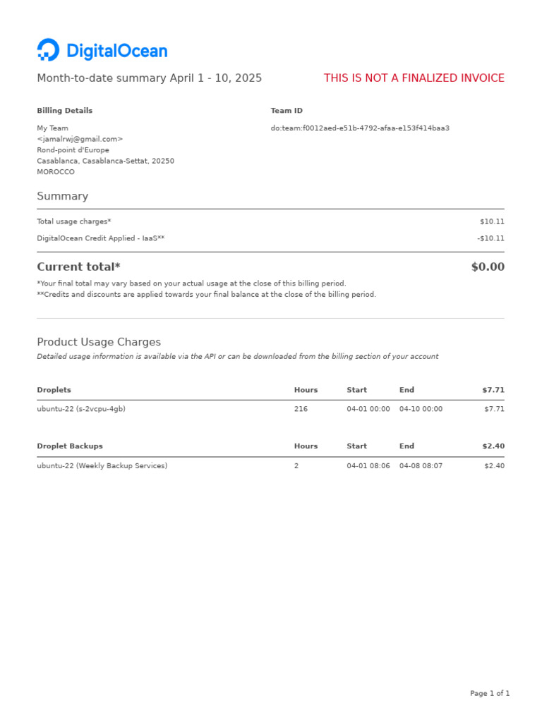 DigitalOcean Invoice Preview 2025 Apr 1-10 (17375938-512546799) | PDF
