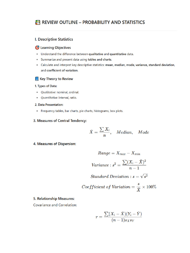 Review Outline - Probability and Statistics - Part 1 | PDF