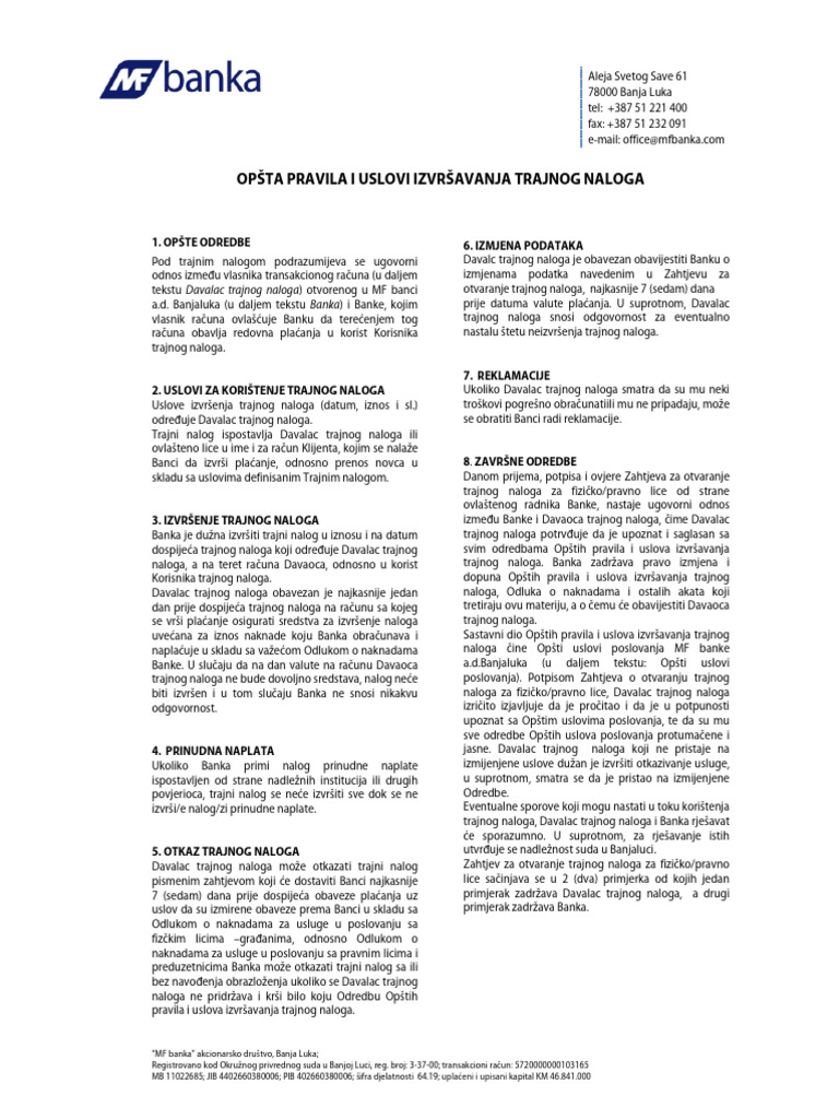 Opsta Pravila I Uslovi Izvrsavanja Trajnog Naloga | PDF