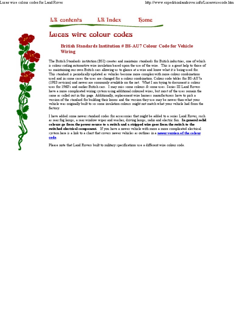 Lucas Wire Colour Codes for Land Rover | Headlamp | Switch