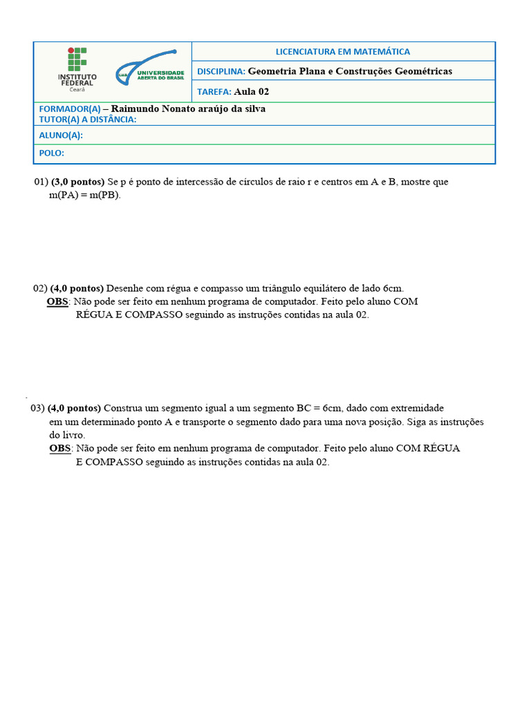 Tarefa2 Aula2 Geometria Plana e Const. Geométricas 2025.2 | PDF