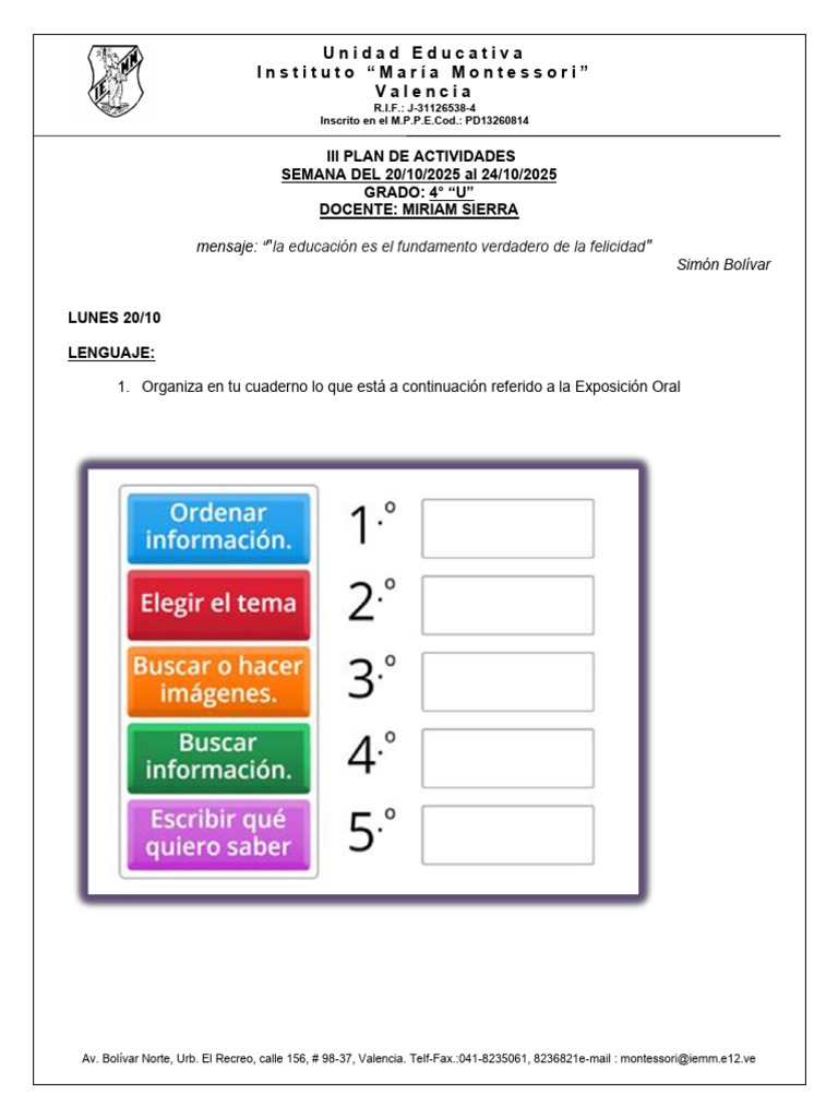 III Plan de Actividades 4to Grado Del 20-10 Al 24-10-2025 LISTO MS ...