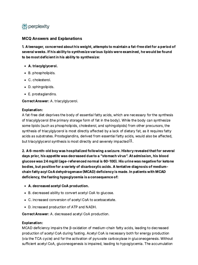 MCQ Answers and Explanations | PDF | Lipid | Metabolism