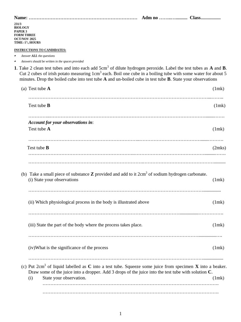 2025 Biology f3 Pp3 Qs End t3 s2 Teacher Co Ke | PDF