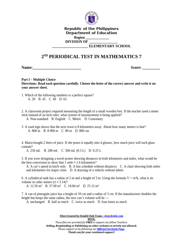 Math 7 Periodical Test Guide | PDF | Numbers | Volume