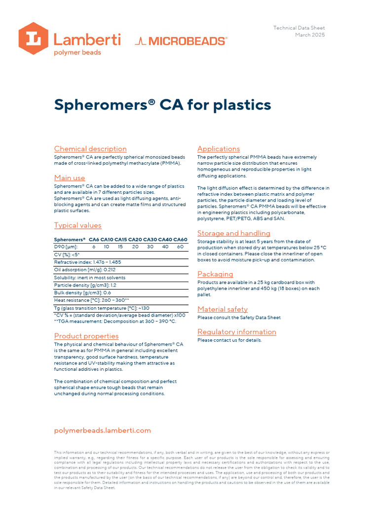 TDS Spheromers CA Plastics | PDF | Poly(Methyl Methacrylate) | Plastic