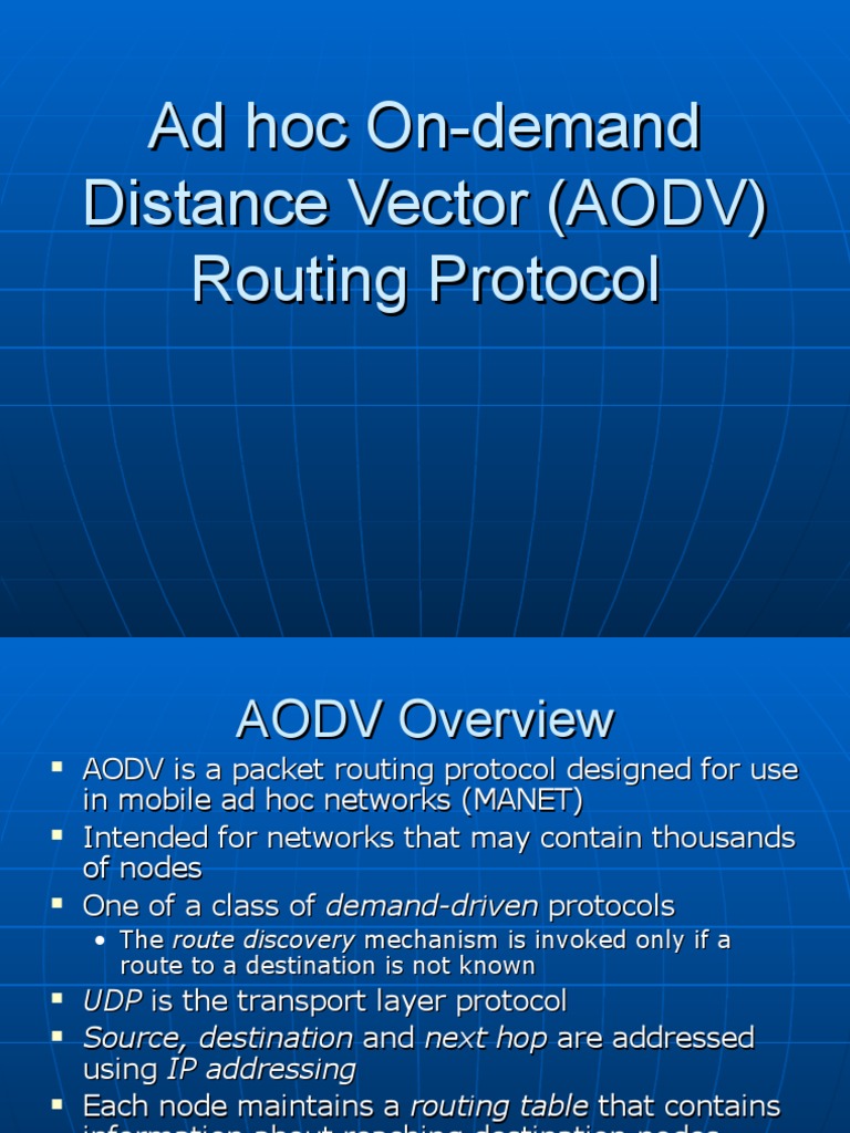 Ad Hoc On-Demand Distance Vector (AODV) Routing Protocol | PDF | Routing | Transmission Control ...