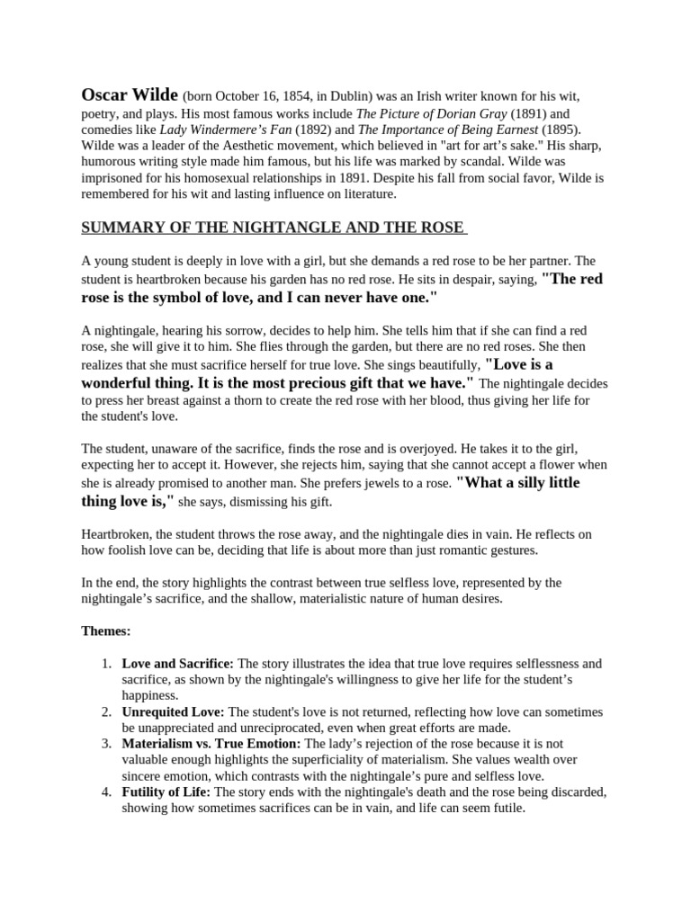 Nightangle & The Rose by Oscar Wilde | PDF | Love | Oscar Wilde