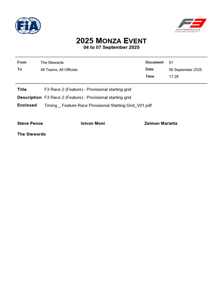 2025 Monza Event - F3 Race 2 (Feature) - Provisional Starting Grid ...