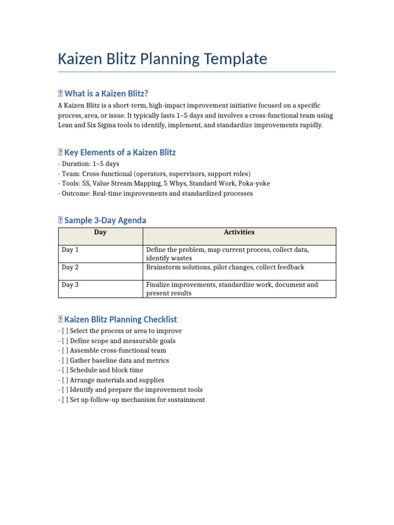 Kaizen Blitz Planning Template | PDF
