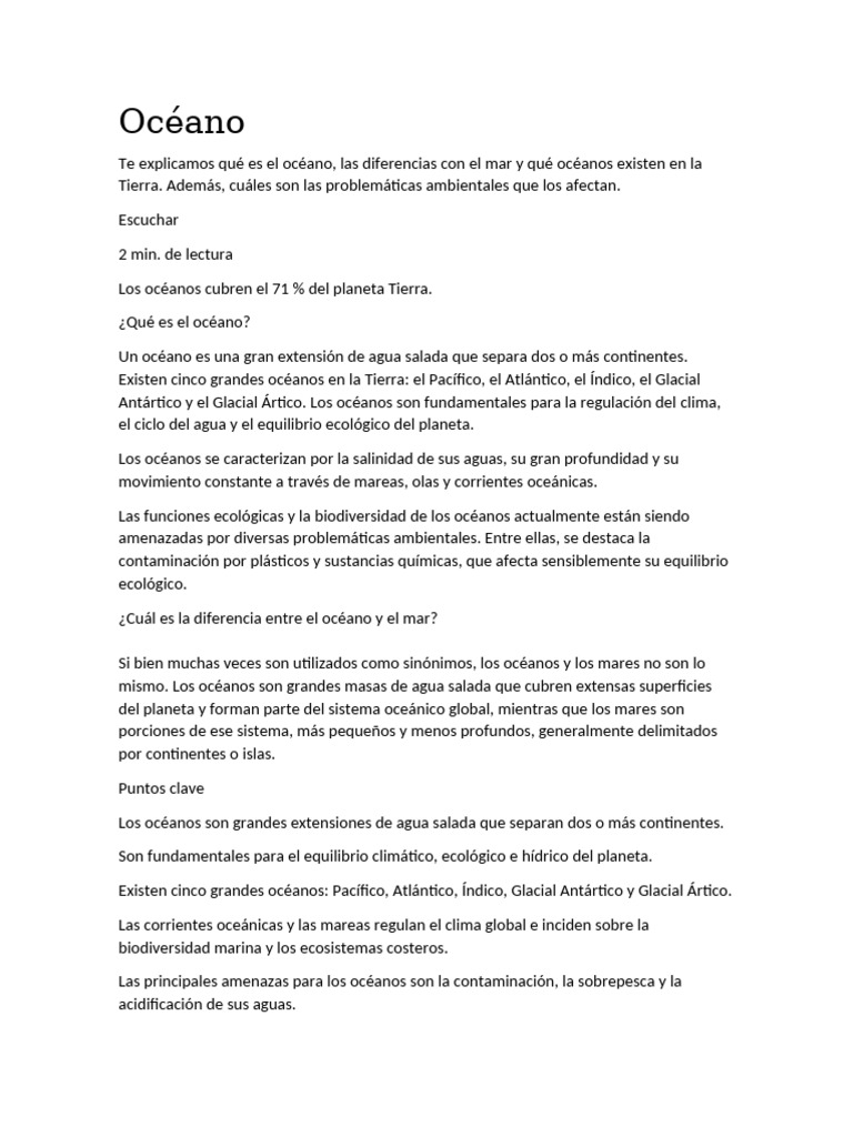 Un Océano Es Una Gran Extensión de Agua Salada | PDF | Océanos | Mar