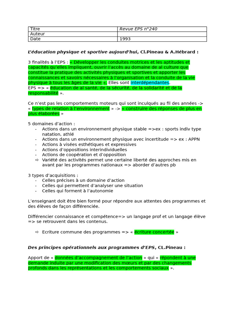 Revue EPS : Évolution et enjeux pédagogiques | PDF | Des sports ...