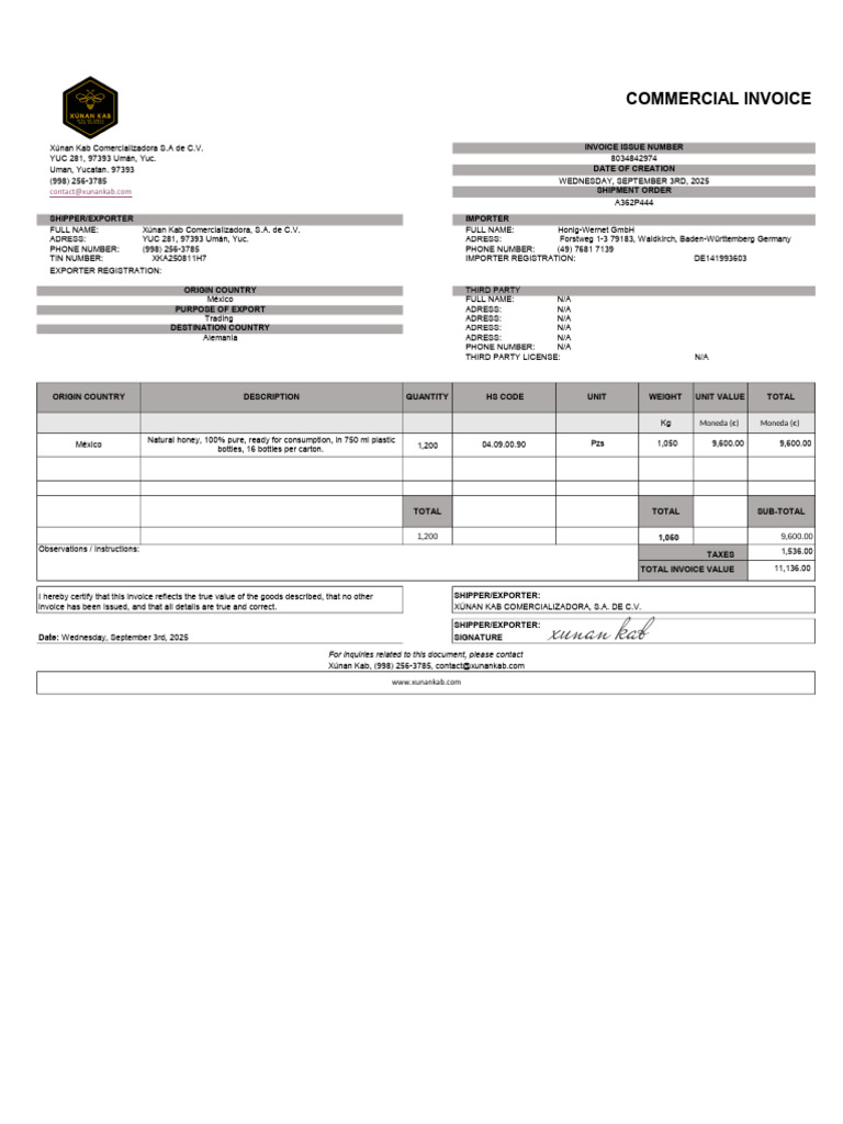 Commercial Invoice for Pure Honey Export | PDF | Business Documents