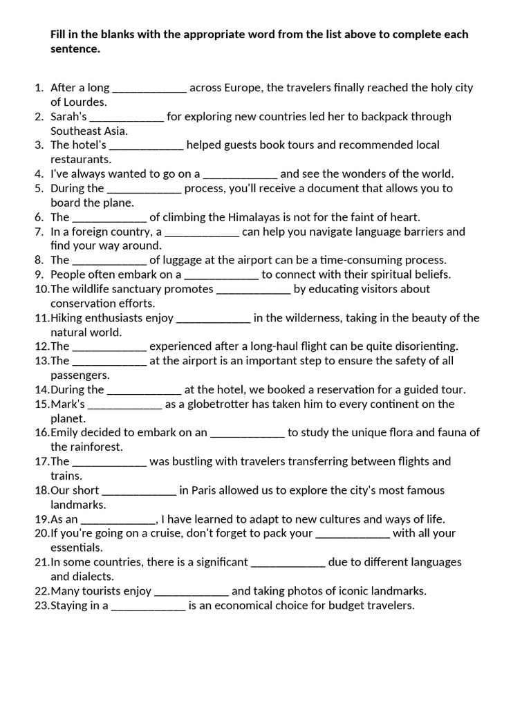 Traveling Vocab Exercise | PDF