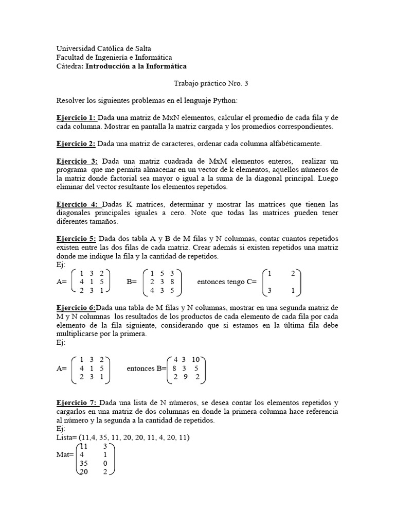 Trabajo Practico N3 Python | PDF | Matriz (Matemáticas) | Teoría de la matriz