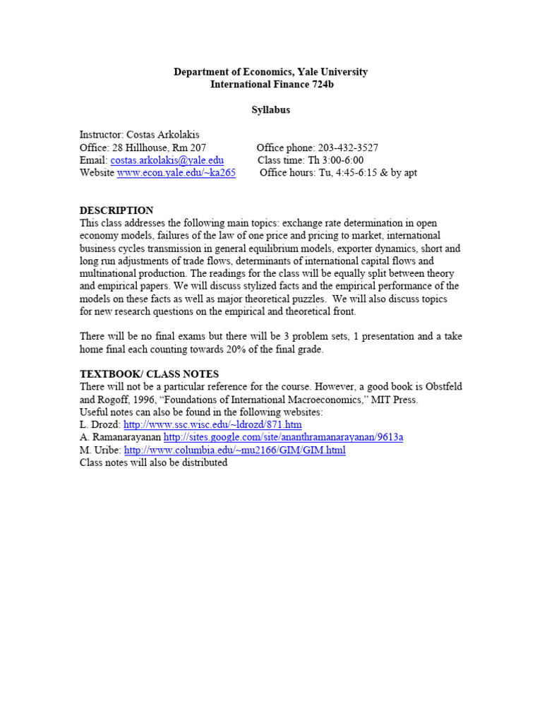 Yale International Finance Syllabus | PDF | Economics | Business Cycle