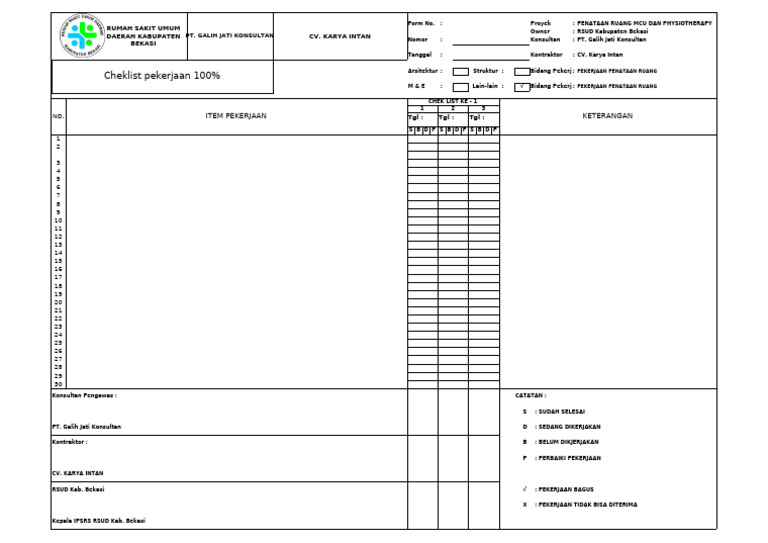 FORM Monitoring Checklist MCU RSUD Kab. Bekasi | PDF
