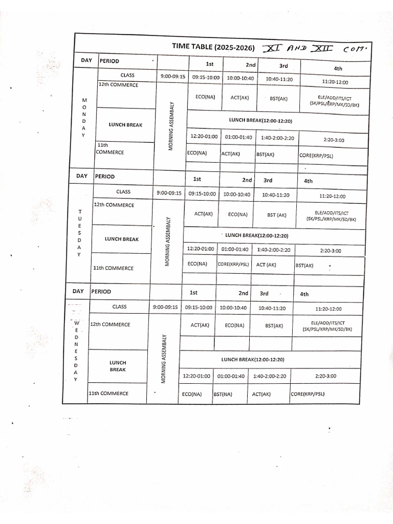 Time Table 12th | PDF