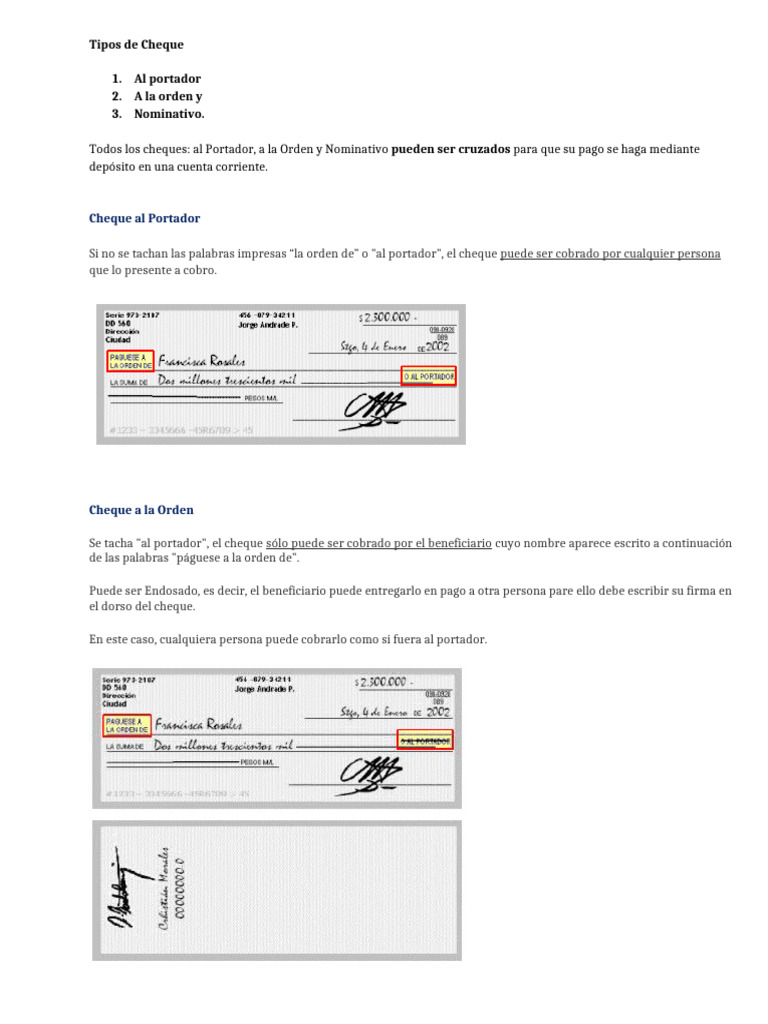 Tipos de Cheques: Al Portador, a la Orden y Nominativo | PDF