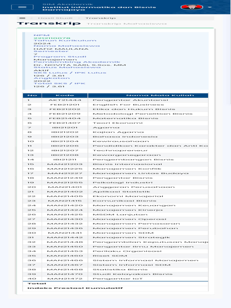Transkrip - Transkrip Mahasiswa | PDF