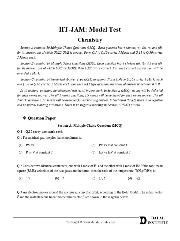IIT-JAM Chemistry Model Test Paper | PDF | Multiple Choice | Chemical ...