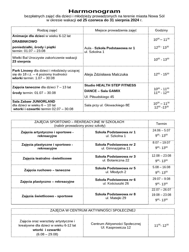Harmonogram Wakacje 2024 1 2 | PDF