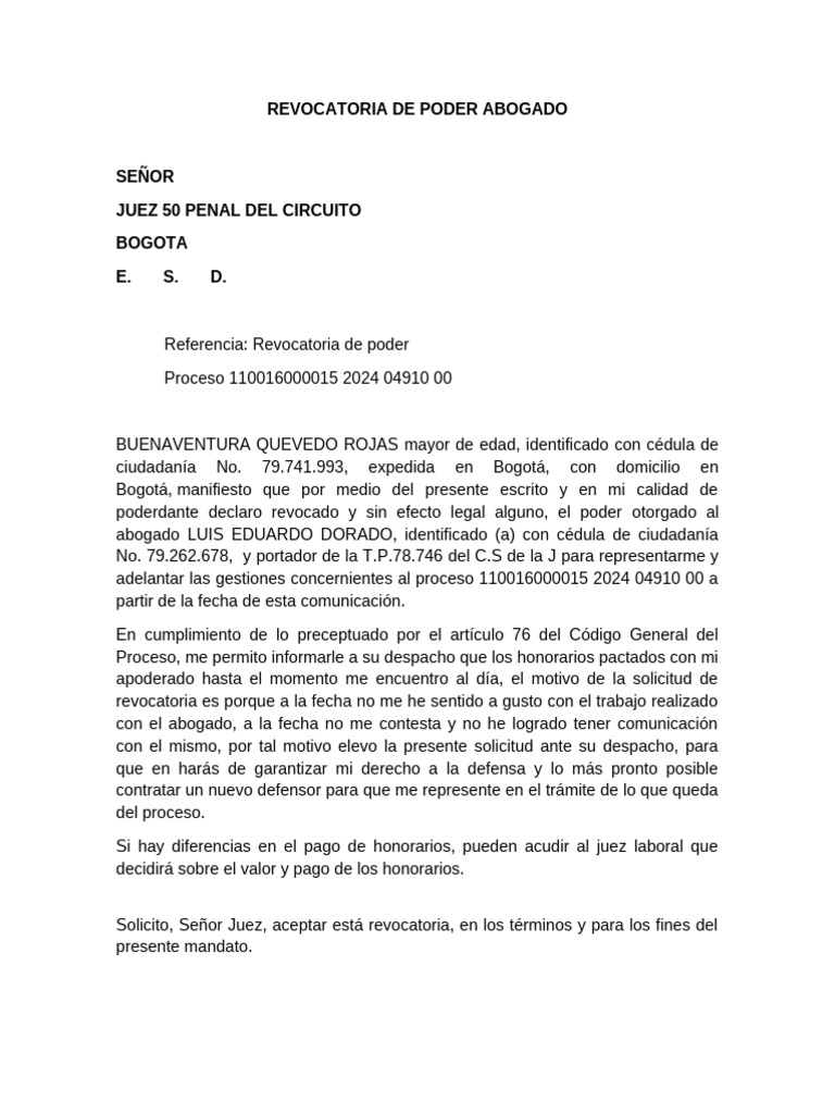 Revocatoria de Poder Abogado Bogotá | PDF