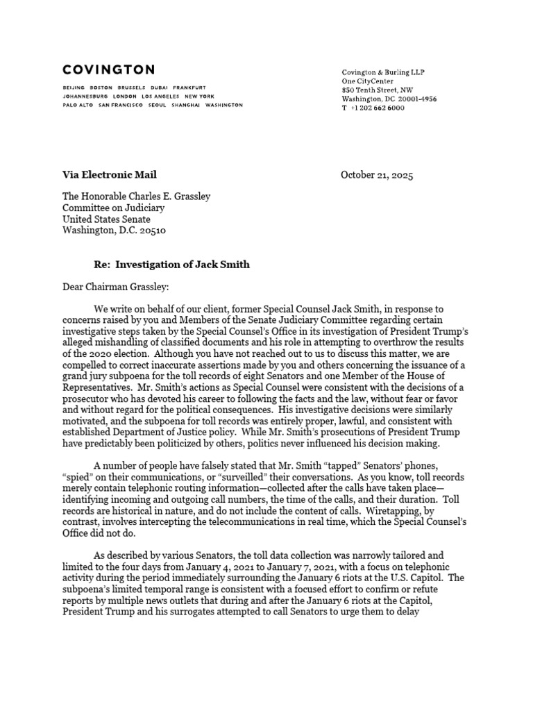 Jack Smith's Response to Grassley Inquiry | PDF | Federal Government Of ...