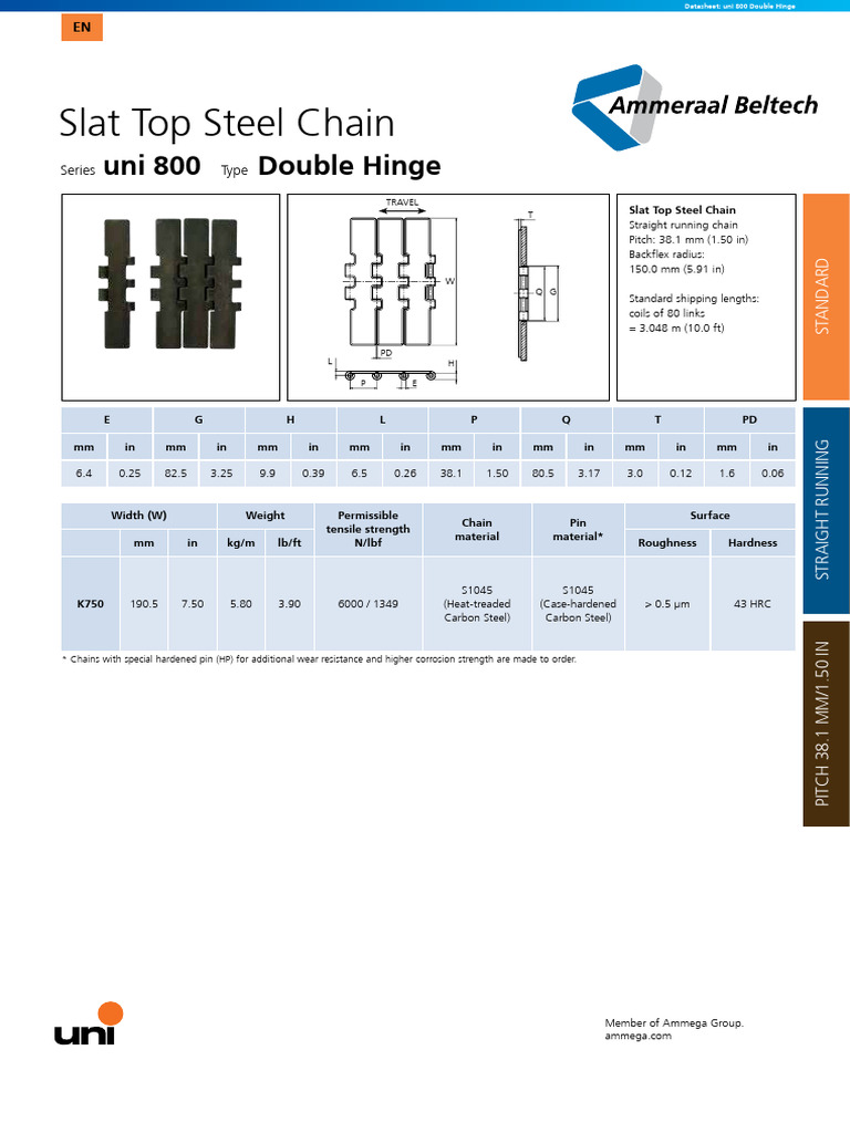 uni 800 Double Hinge Chain Datasheet | PDF | Steel | Industrial Processes